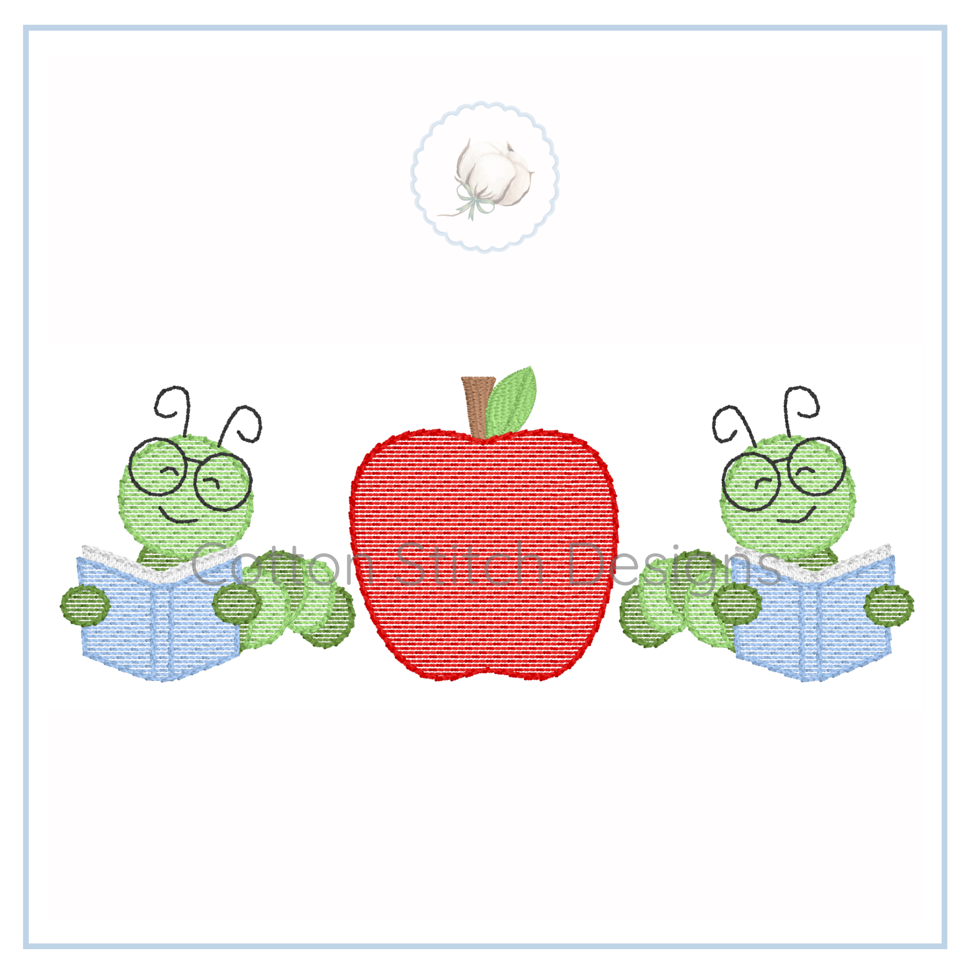 Bookworm with Apple Embroidery Design – Cotton Stitch Designs