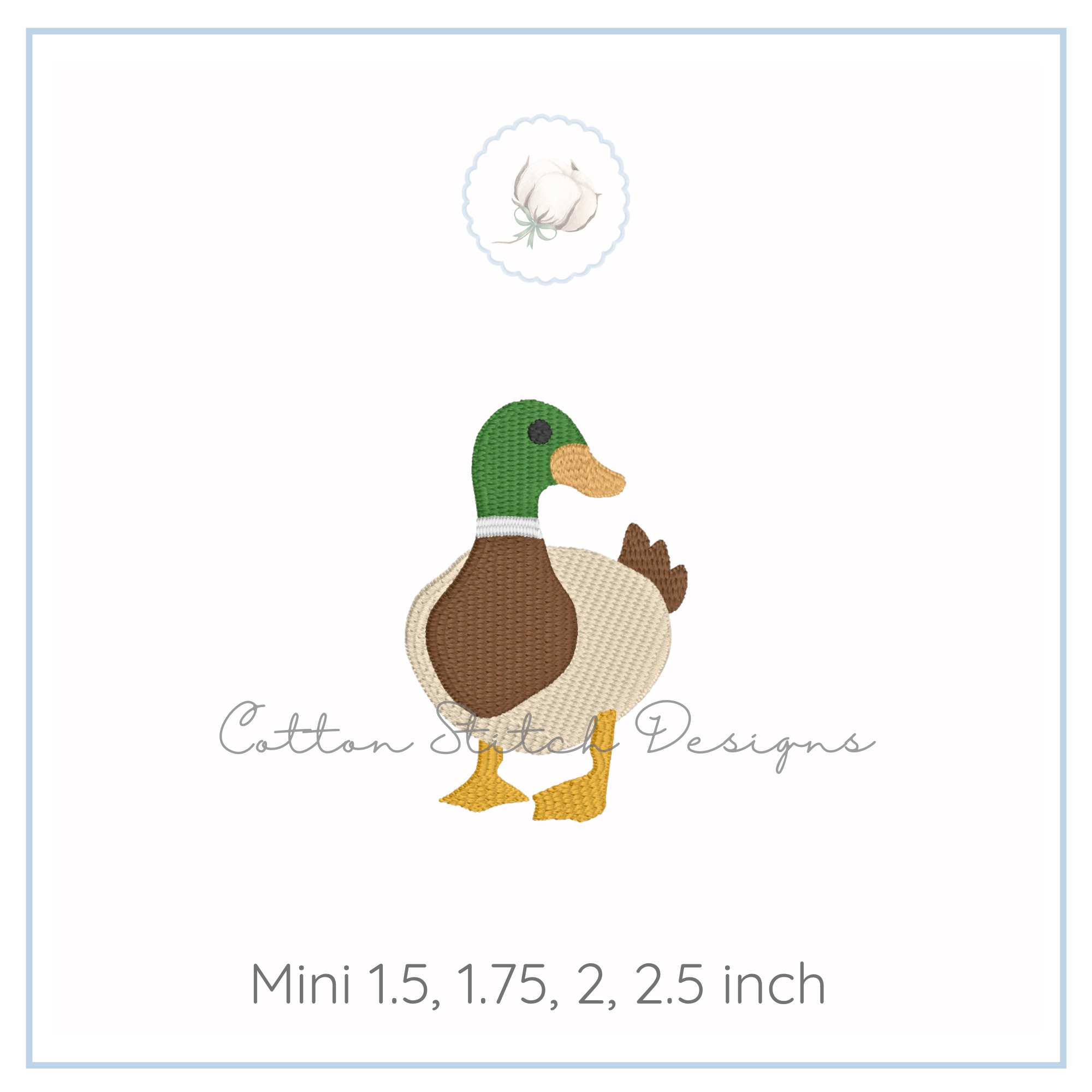 Mini Mallard Duck Fill Stitch Embroidery Design – Cotton Stitch Designs